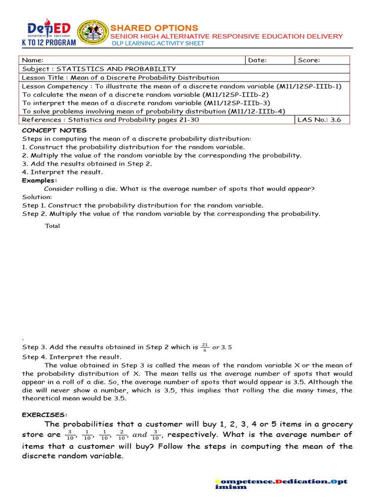 LAS 06 Mean of A Discrete Random Variable | PDF | Probability Distribution | Mean