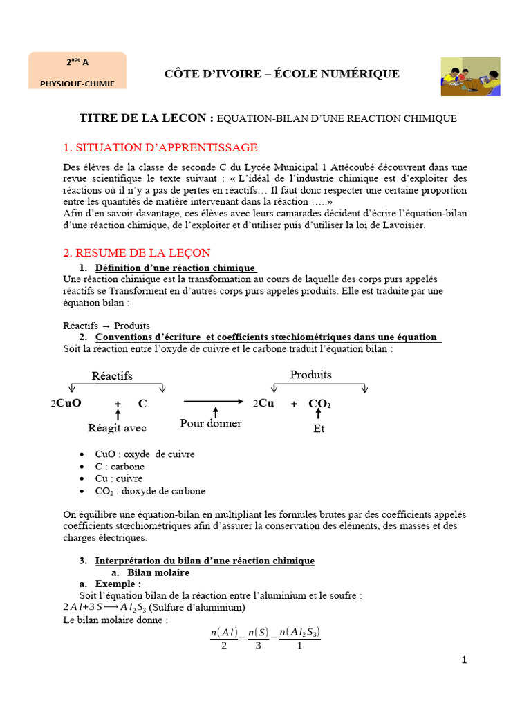 2nde A - APC - Equation-Bilan D'une Réaction Chimique | PDF