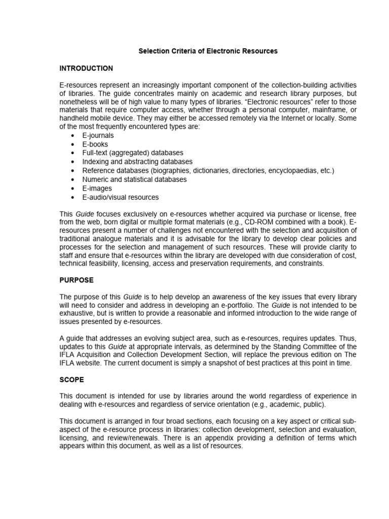 Selection Criteria of Electronic Resources | PDF