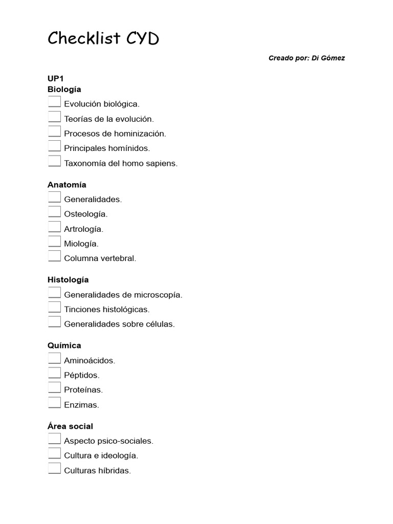 Checklist CYD | Descargar gratis PDF | Neuroanatomía | Biología Celular)