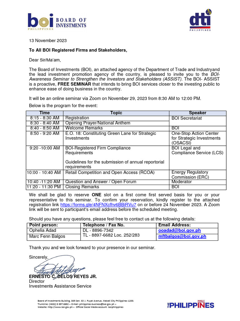 Invitation To Participants BOI ASSIST 2023 | PDF | Finance & Money ...