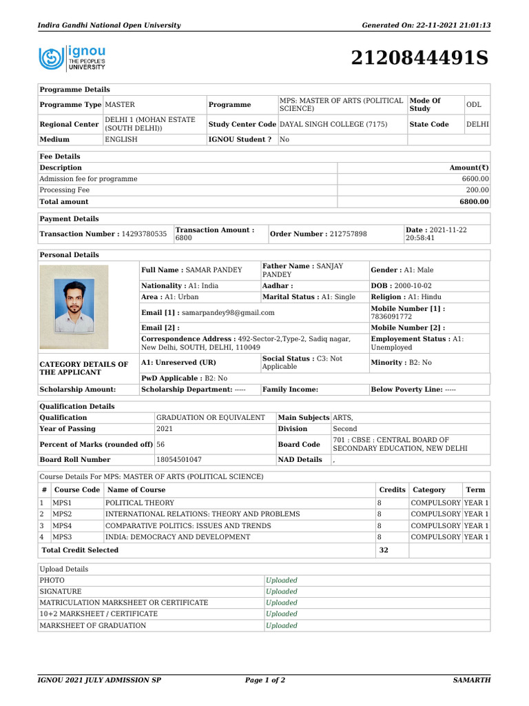 IGNOU (Application-Form) | PDF