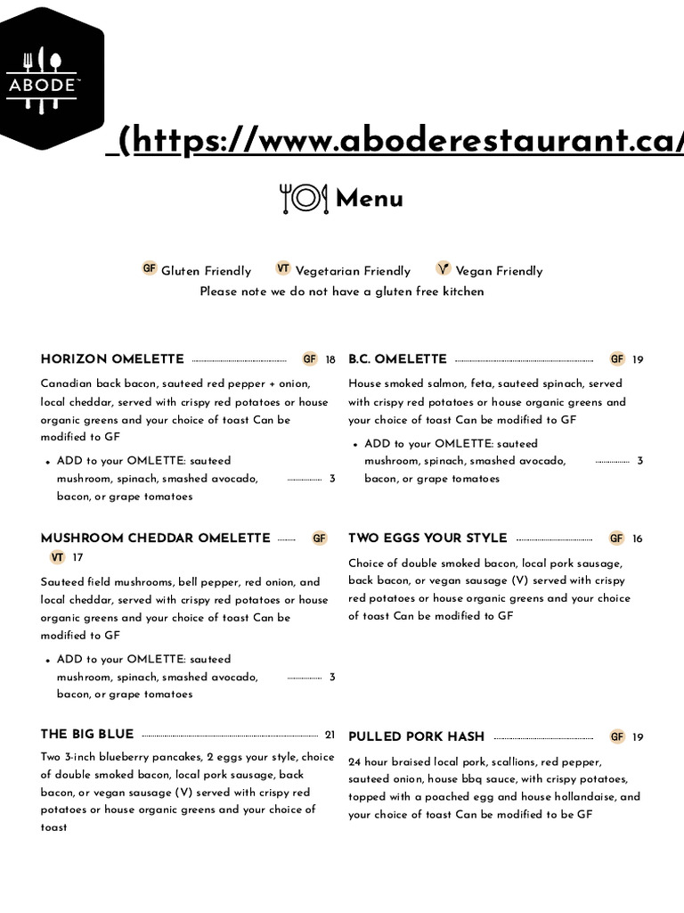 Food Menu - ABODE Restaurant | PDF