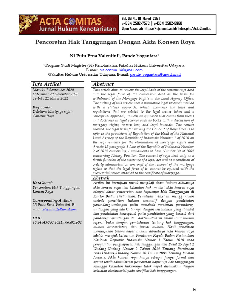 Pencoretan Hak Tanggungan Dengan Akta Konsen Roya | PDF