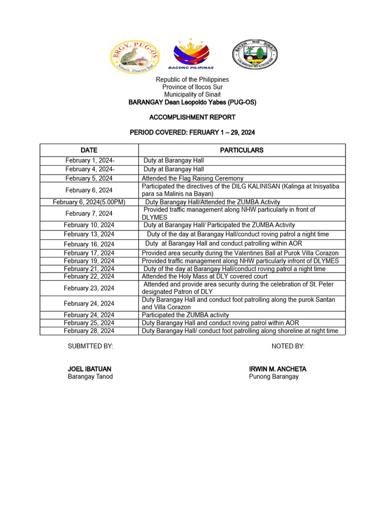 Barangay Tanod Accomplishment Report | PDF | Philippines