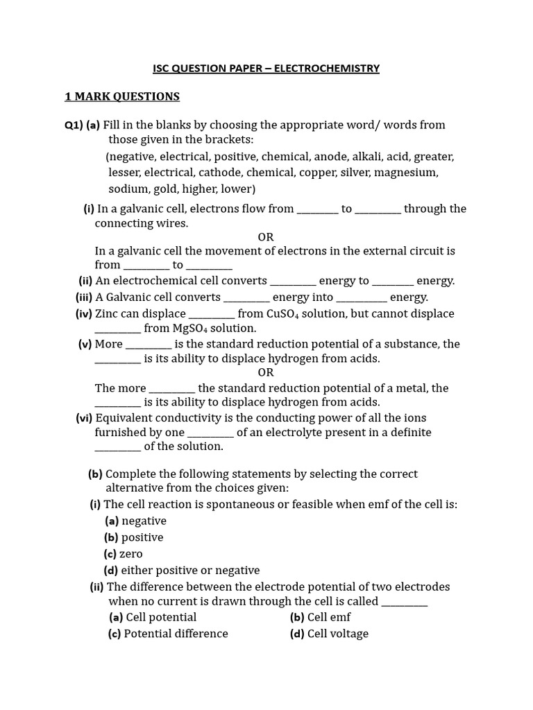 ISC Electrochemistry Exam Prep | PDF | Electrochemistry | Redox