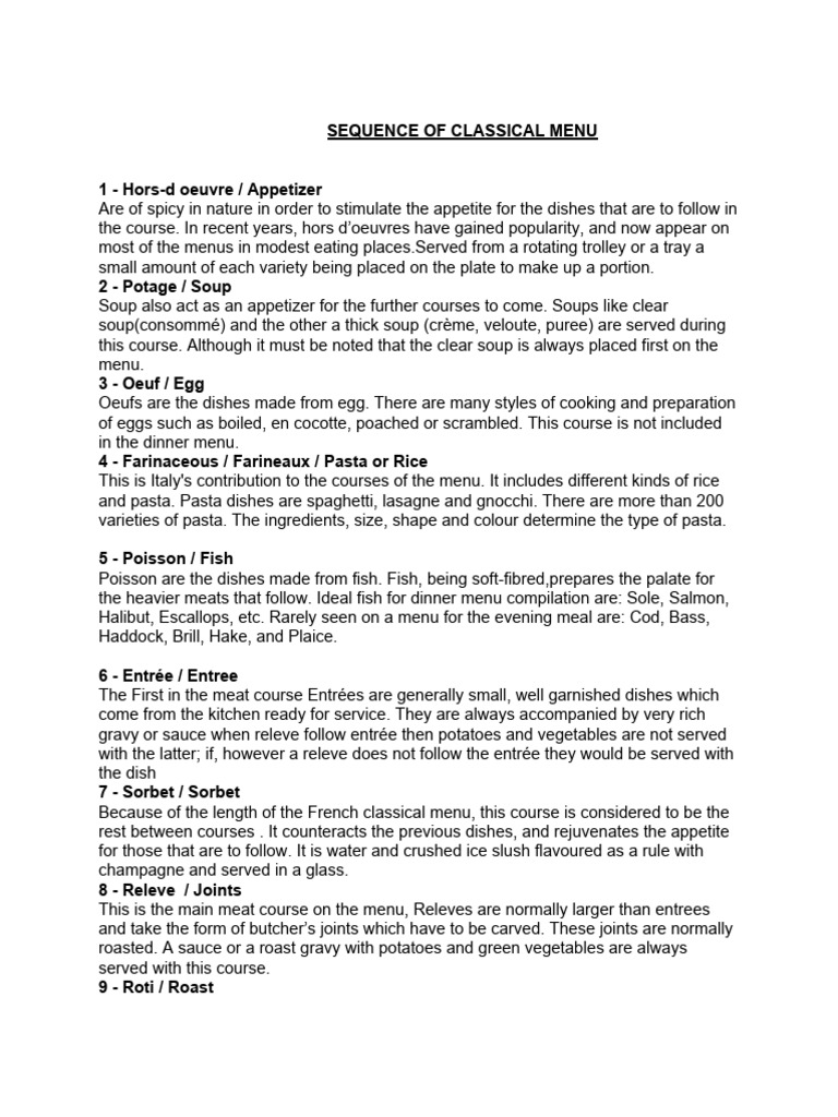 French Classical Menu Sequence Explained | PDF | Entrée | Hors D'oeuvre