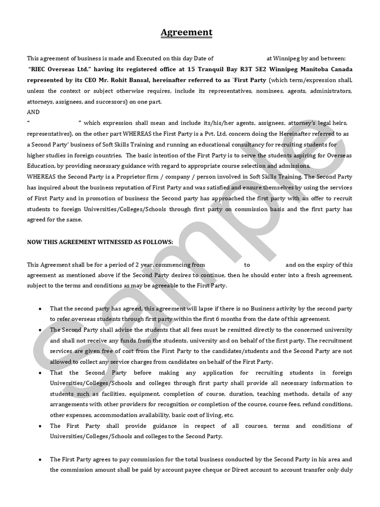 Sample Agreement | PDF | Cost Of Living | Taxes