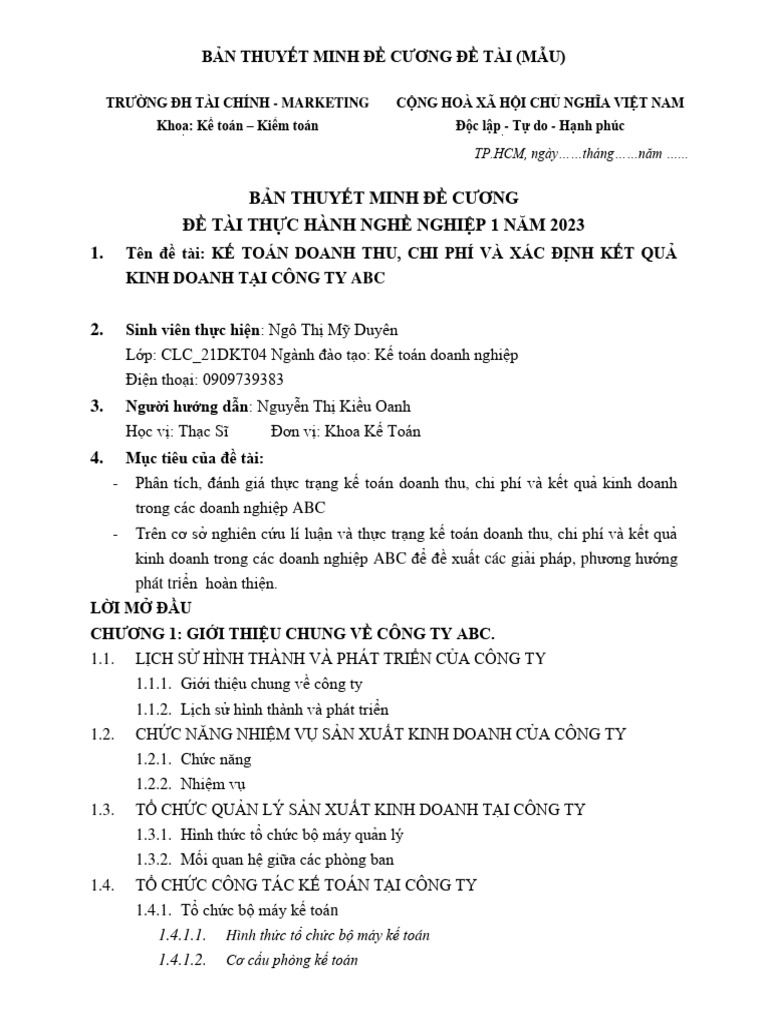 BẢN THUYẾT MINH ĐỀ CƯƠNG ĐỀ TÀI (MẪU) - THNN1 | PDF