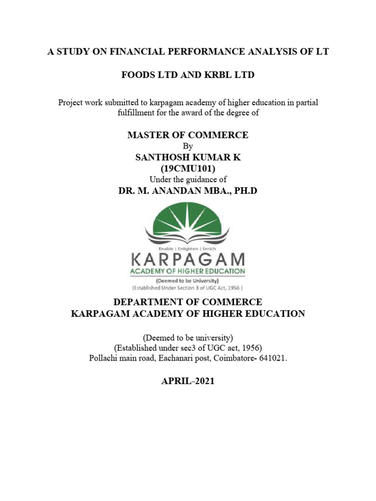 A Study On Financial Performance Analysis of LT Food LTD and KRBL LTD | PDF | Career & Growth ...