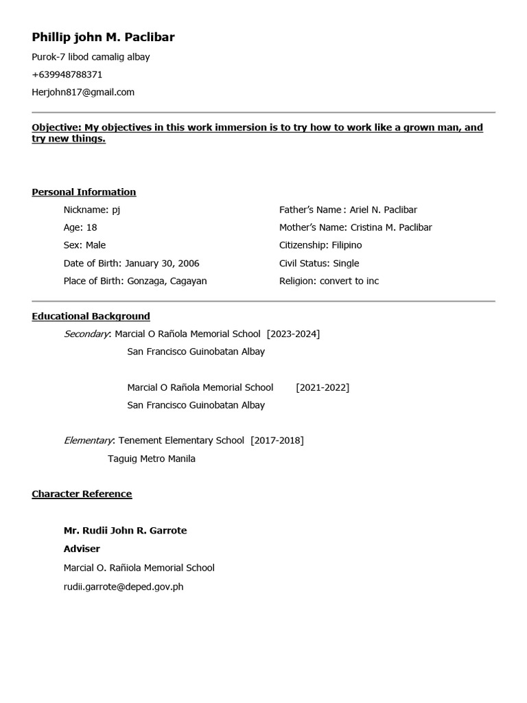 Work Immersion Objectives of Phillip Paclibar | PDF