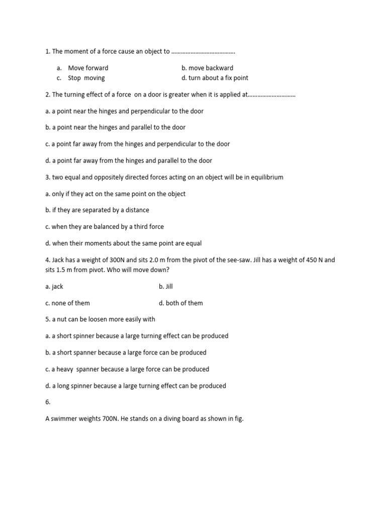 Moment of Force Worksheet | PDF