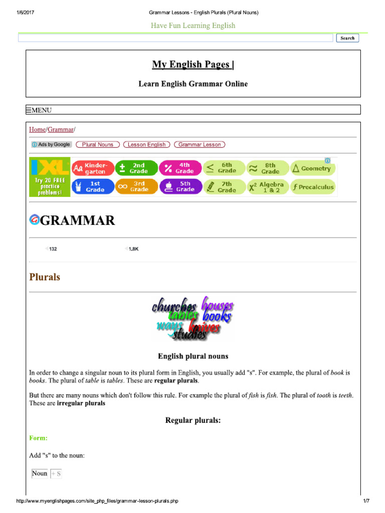 Grammar Lessons - English Plurals (Plural Nouns) | PDF