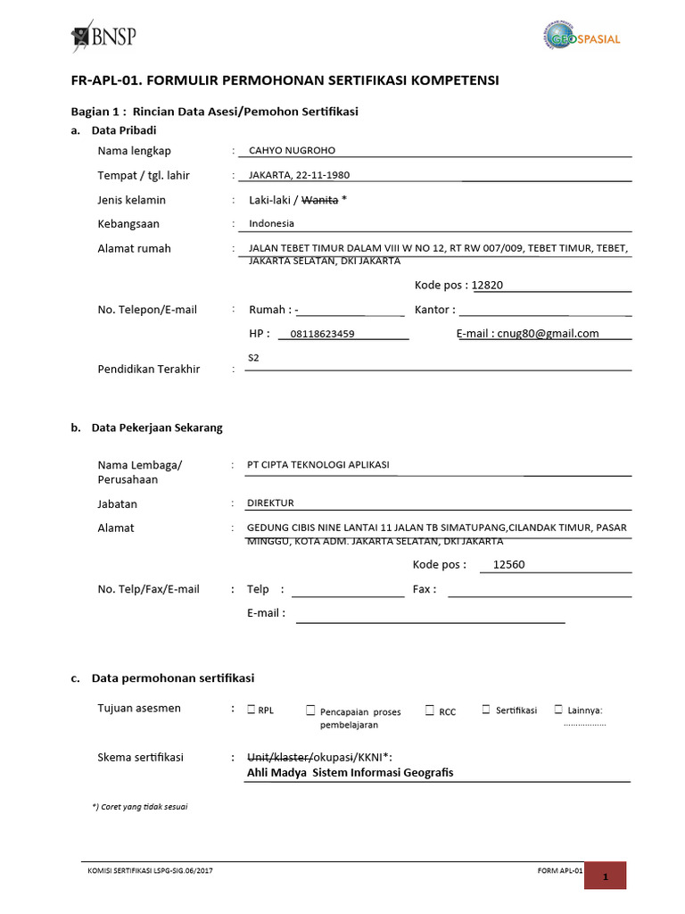 01-FR-APL-01-Ahli madya-SIG I | PDF