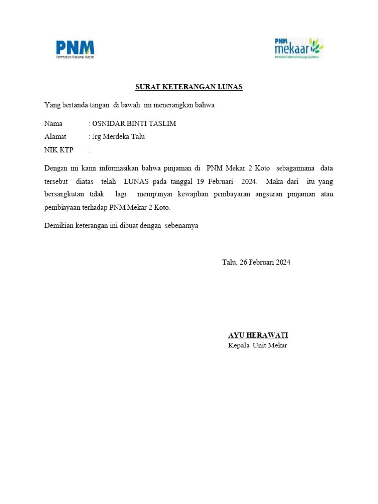 Surat Keterangan Lunas | PDF