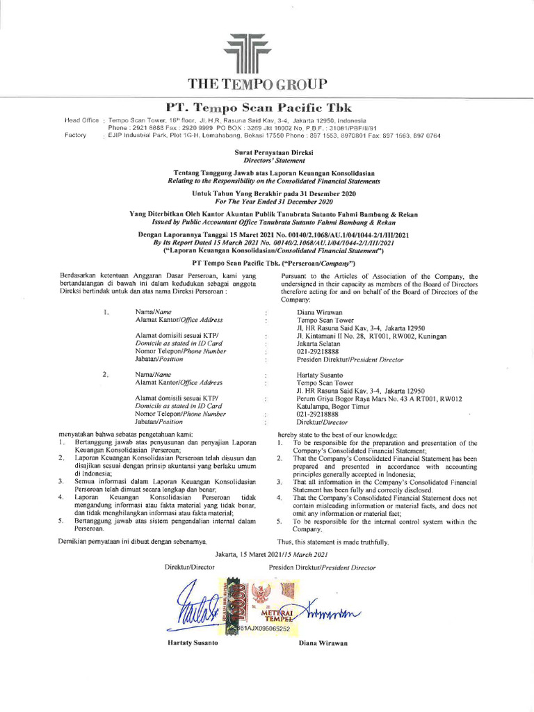 Surat Pernyataan Direksi TSPC FY 2020 | PDF