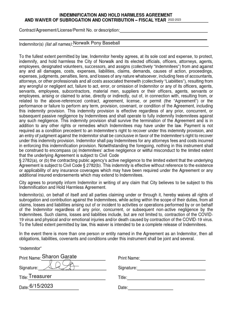 Hold Harmless Agreement Fillable 2 | PDF | Indemnity | Consent