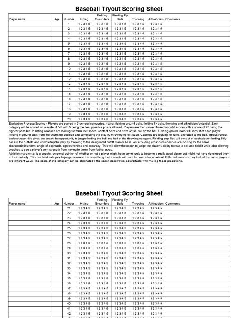 Baseball Tryout Scoring Sheet | PDF | Sports Rules And Regulations ...