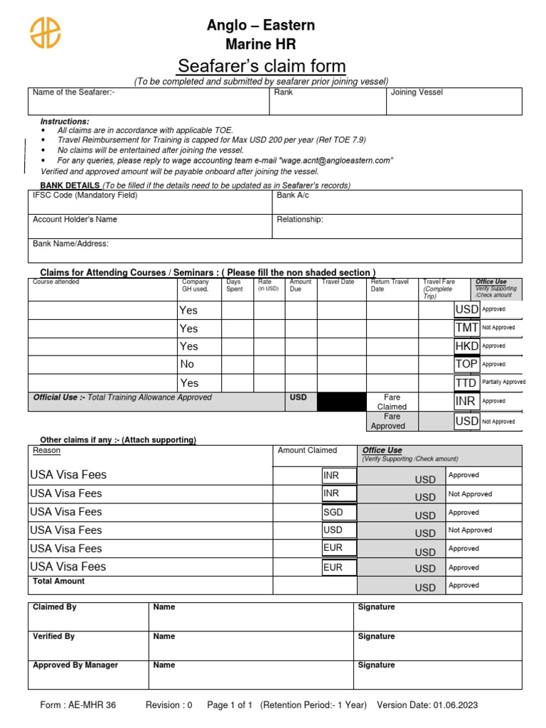 AE-MHR 36 - Seafarer's Claims Form NEW | PDF