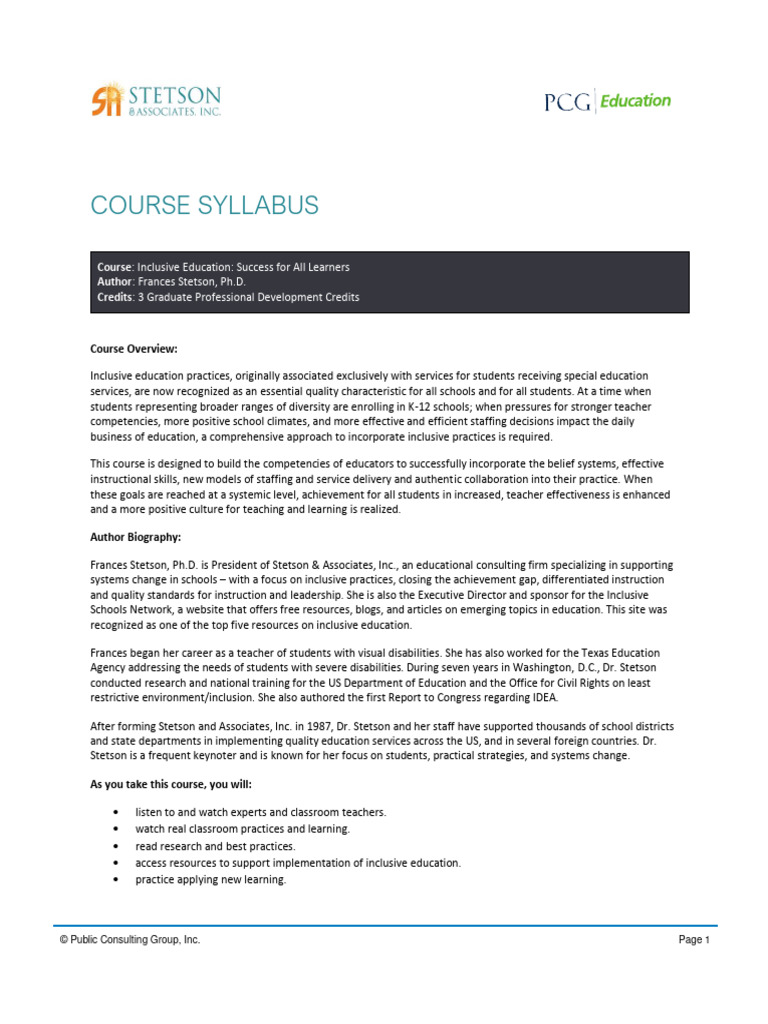 Inclusion Course Syllabus Final | PDF | Inclusion (Education) | Teachers