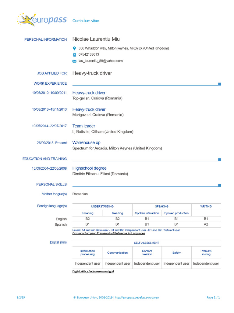 Europass CV for Heavy-Truck Driver | PDF | Language Acquisition ...