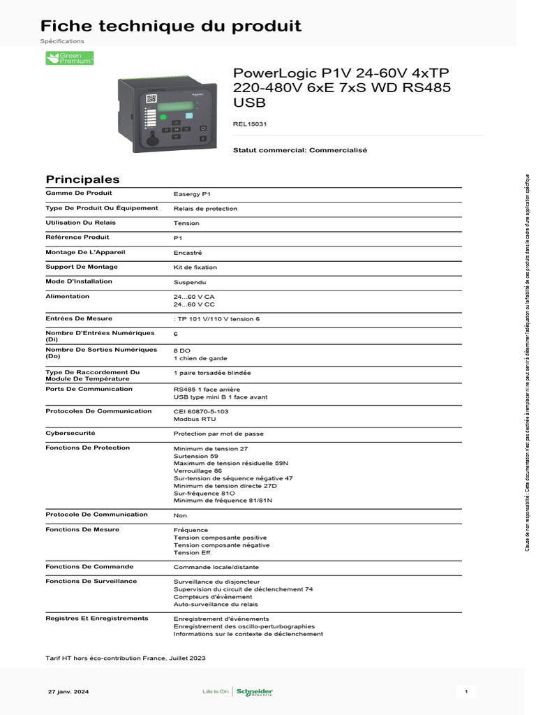 Schneider Electric PowerLogic P1 Relais de Protection REL15031 | PDF