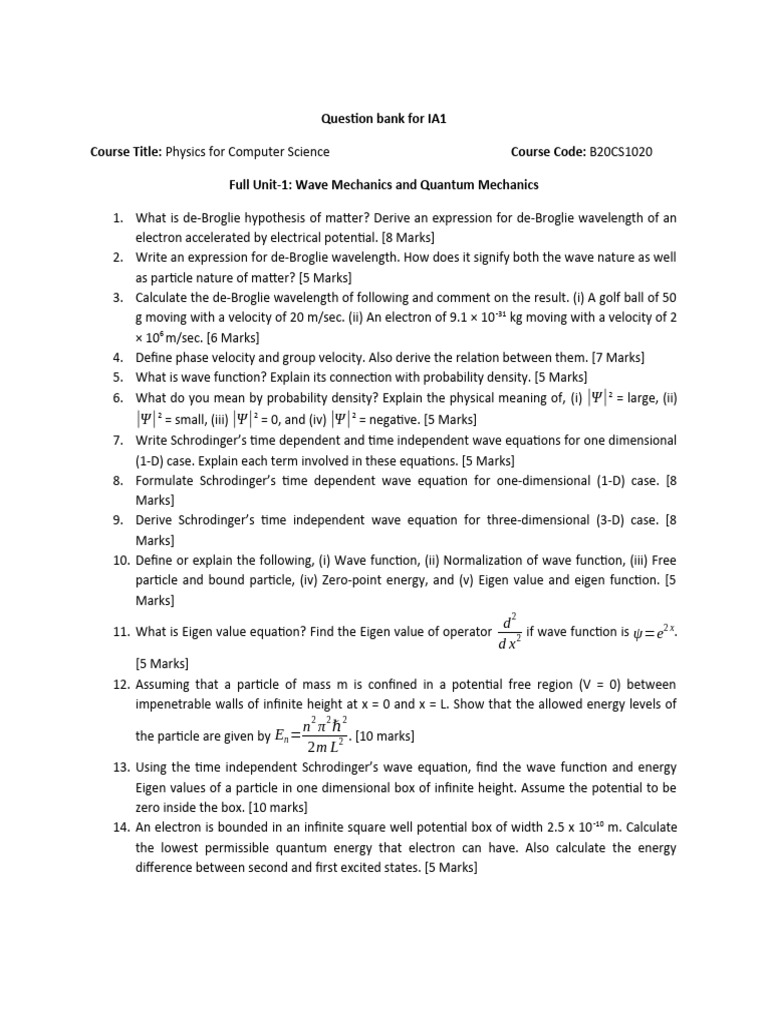 Physics question bank for ia1 | PDF