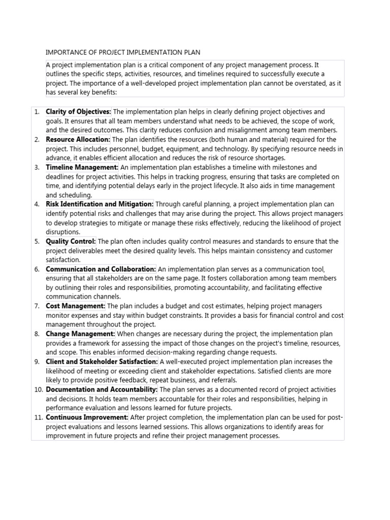 Importance and Components of PRJ Implementation Plan | PDF