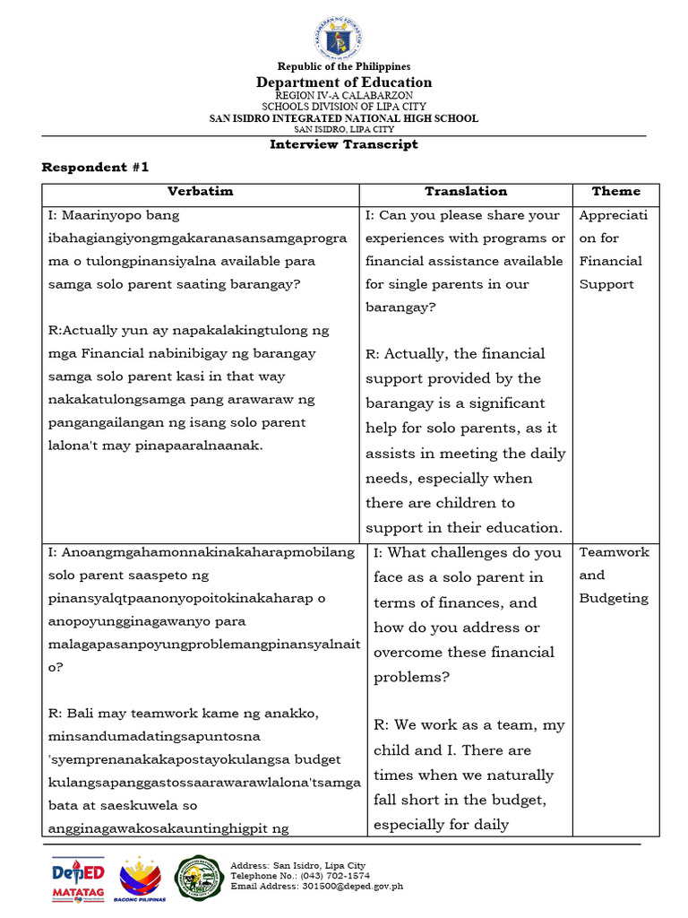 Department of Education: Interview Transcript Respondent #1 Verbatim ...