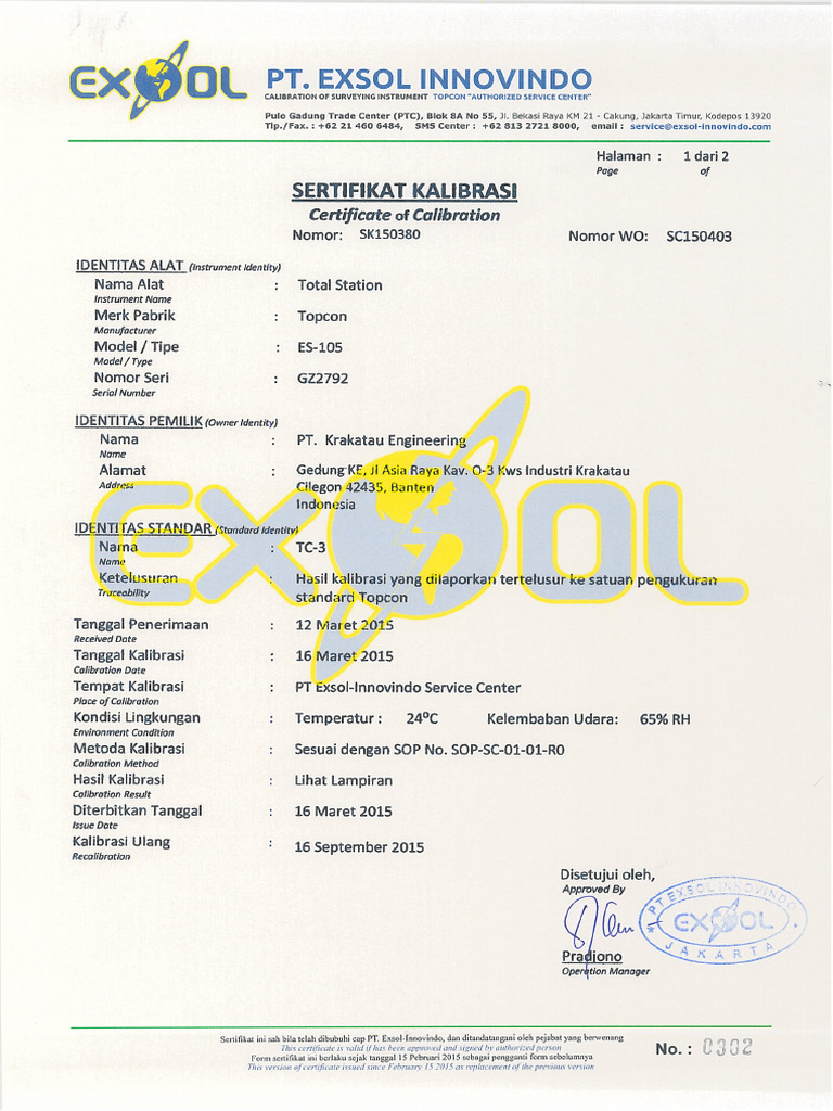 Sertifikat Kalibrasi PT EXSOL | PDF