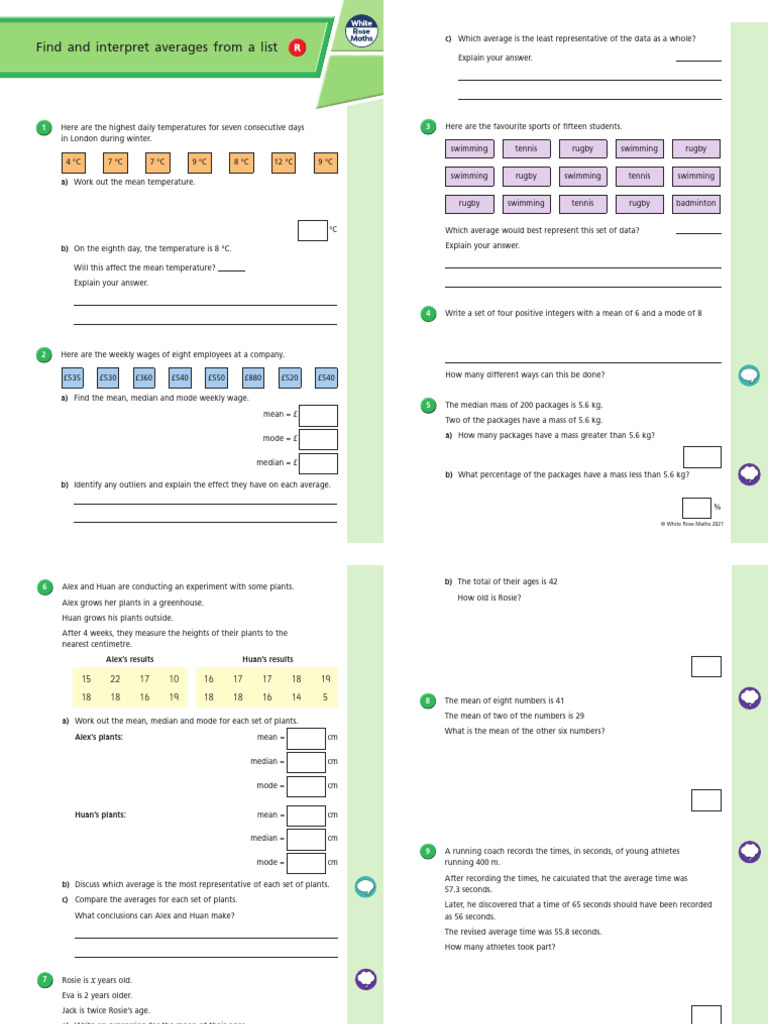 Y10 Summer Block 1 WO11 Find and Interpret Averages From A List R 2021 ...