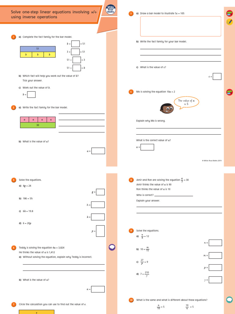 Y7 Autumn Block 3 WO4 Solve One Step Linear Equations Involving Multiplication or Division Using ...