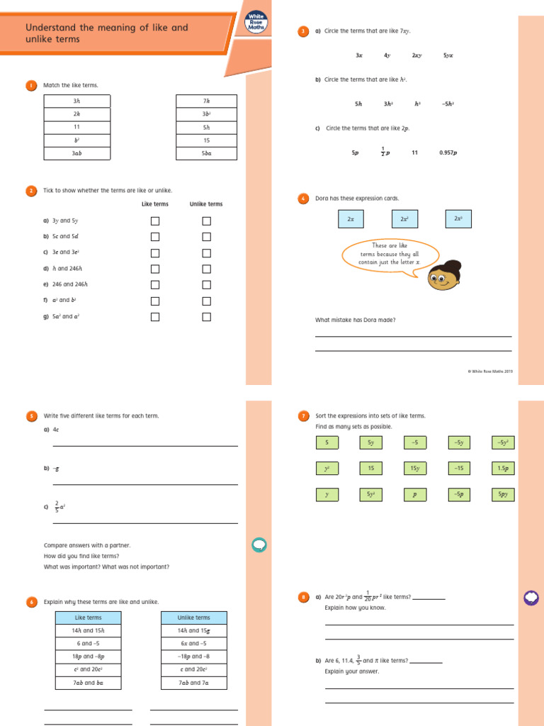 Y7 Autumn Block 3 WO5 Understand The Meaning of Like and Unlike Terms ...