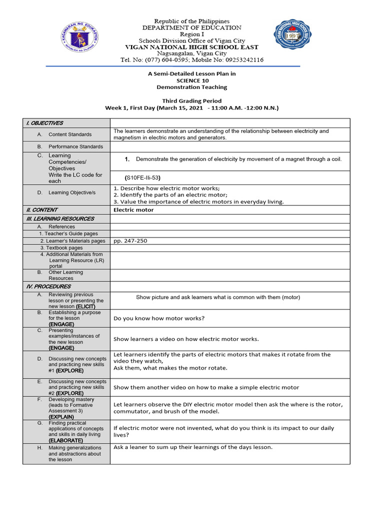DEMONSTRATION-TEACHING-electric Motor | PDF | Learning | Cognition