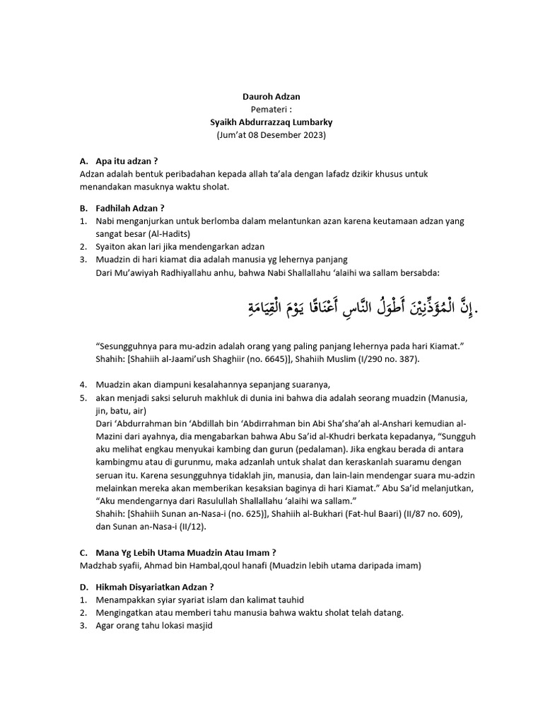 Fadhilah dan Hukum Adzan dalam Islam | PDF