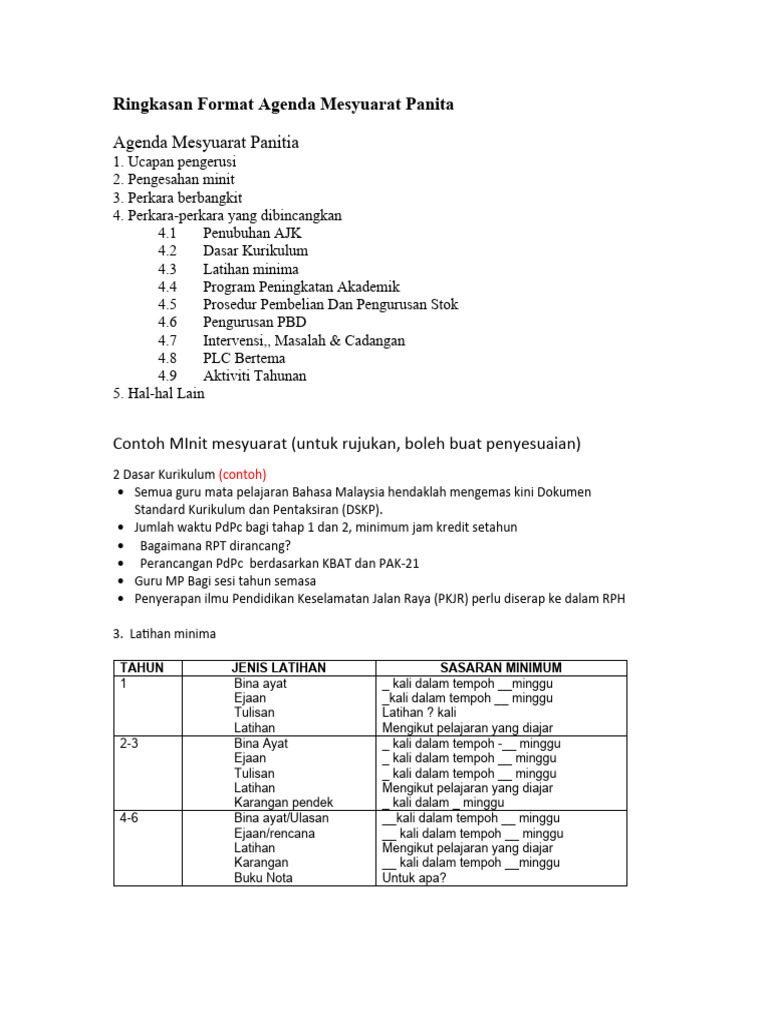 Contoh Agenda Mesyuarat Panitia | PDF