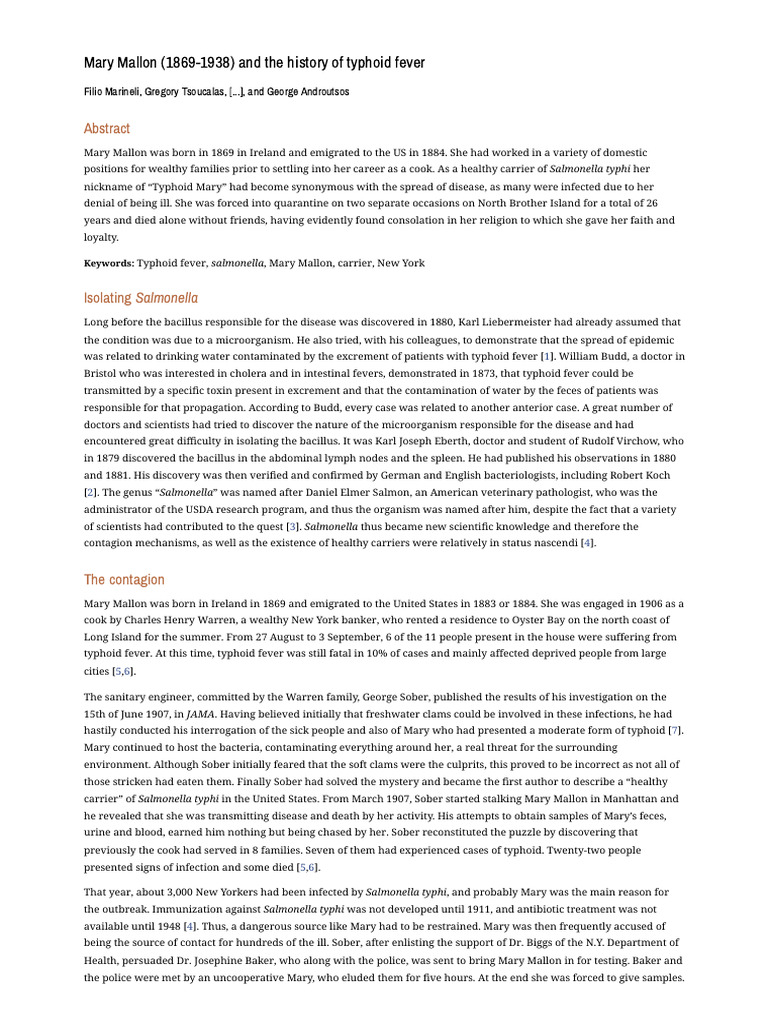Mary Mallon (1869-1938) and The History of Typhoid Fever 1638779597379 ...