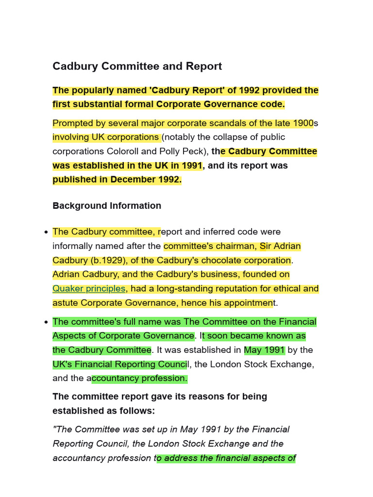 Cadbury Report on Corporate Governance | PDF | Audit | Corporate Governance