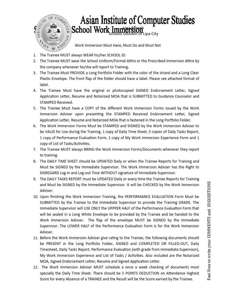 Work Immersion Format | PDF