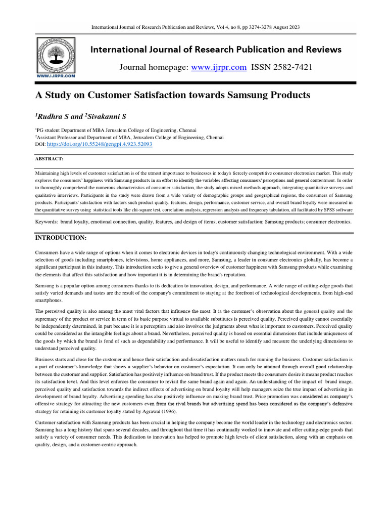 Customer Satisfaction Study: Samsung Products | PDF