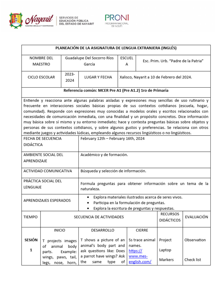 Lesson Plan 1st Grade- Jan 12th to Feb 22nd | PDF | Aprendizaje ...