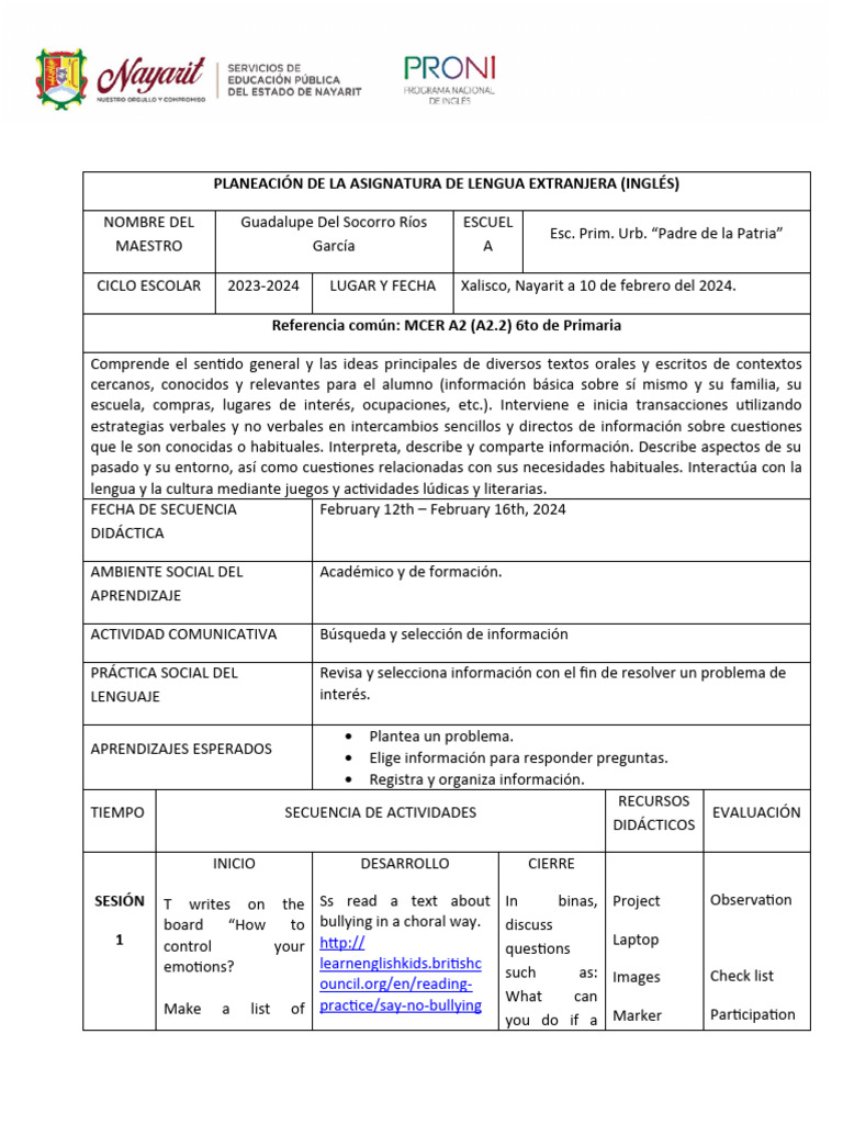 Lesson Plan 6th Grade - Feb 12th To Feb 22nd | PDF | Comunicación ...