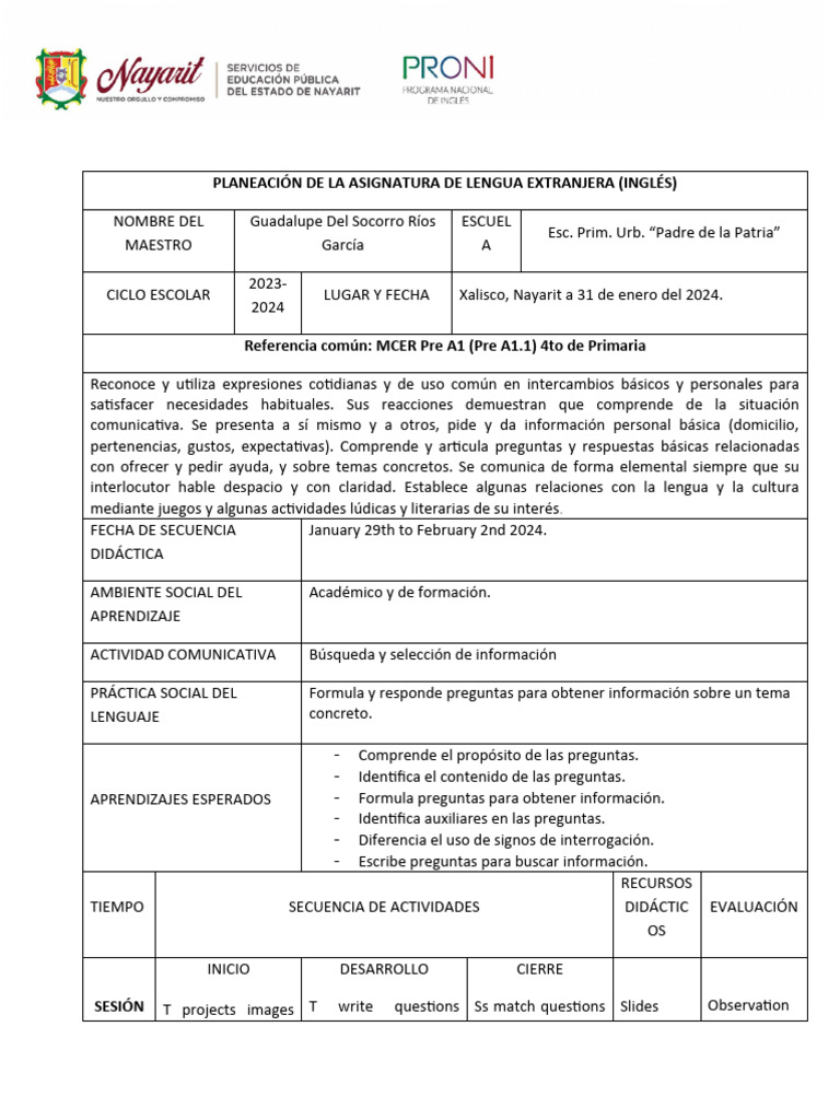 Lesson Plan 4th Grade- Jan 29th to Feb 9th | PDF