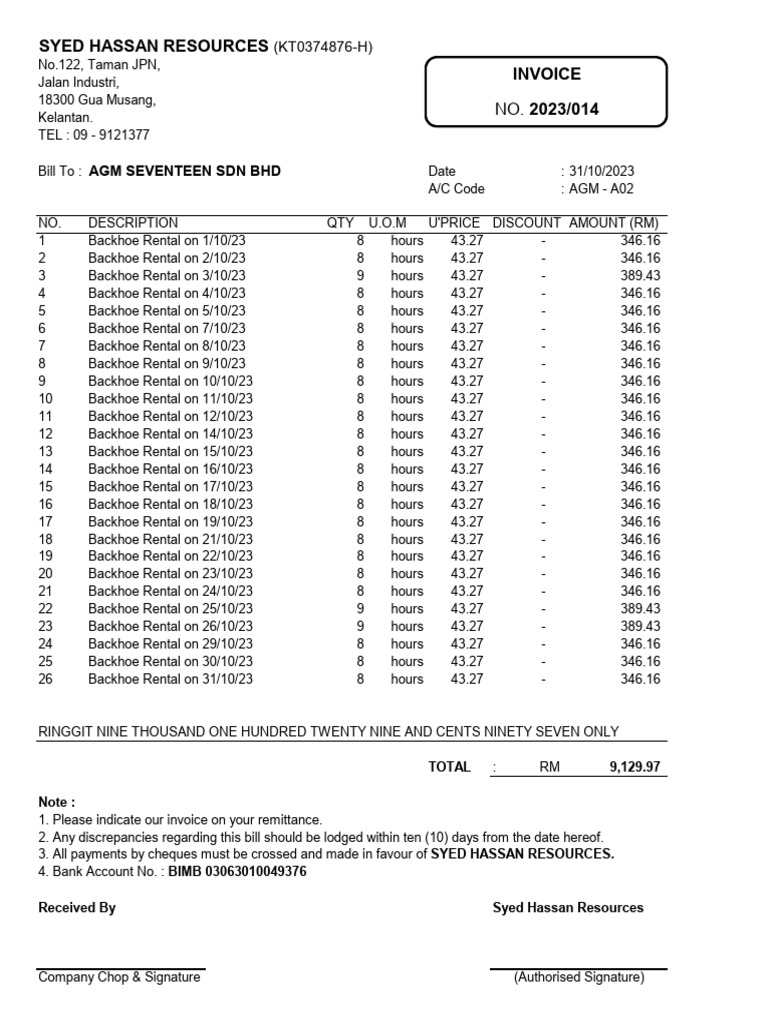Backhoe Rental Invoice | PDF