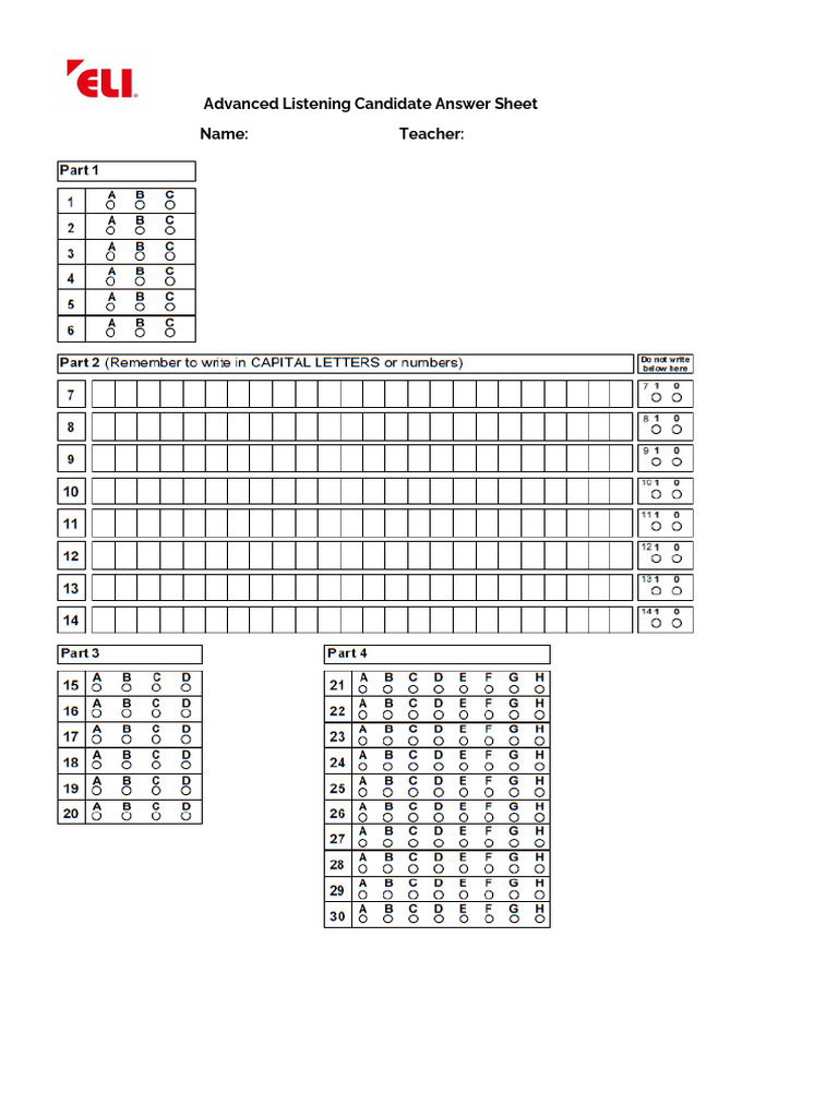 Advanced Listening Answer Sheet STUDENT | PDF