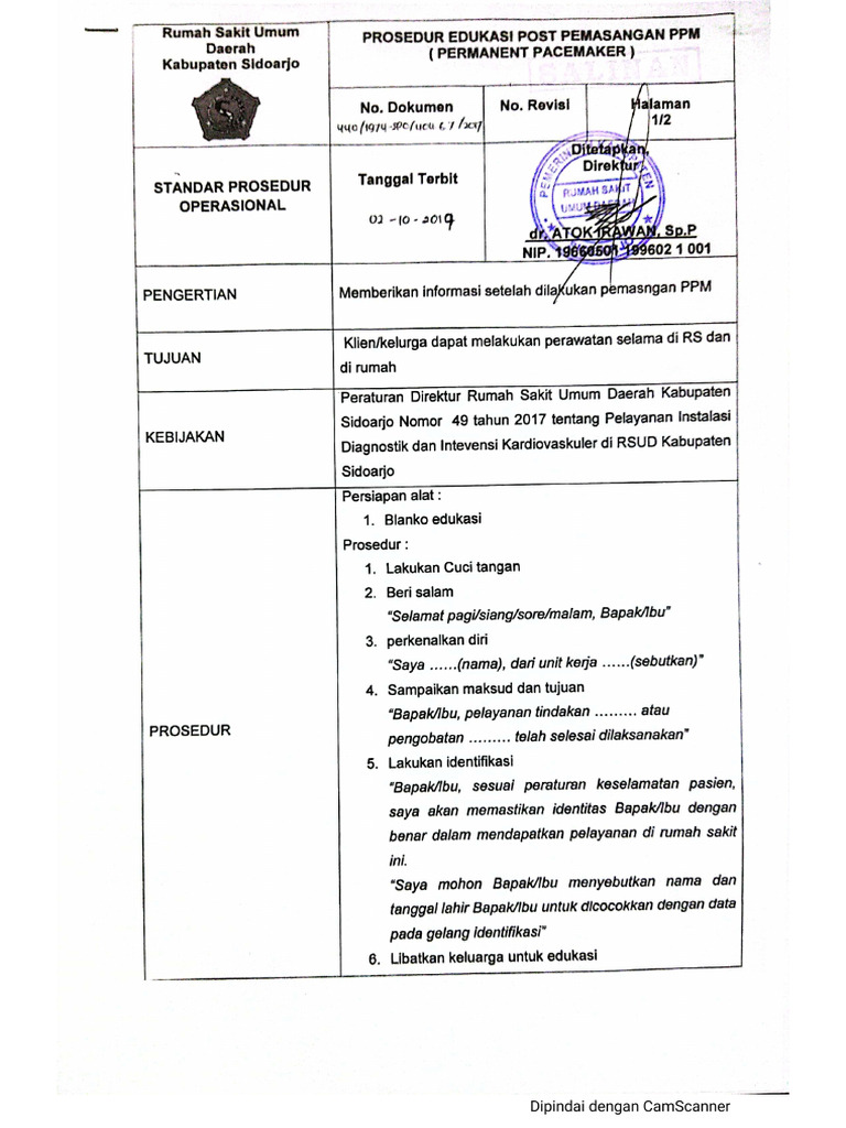 Prosedur Edukasi Post Pemasangan PPM (Permanent Pacemaker) | PDF