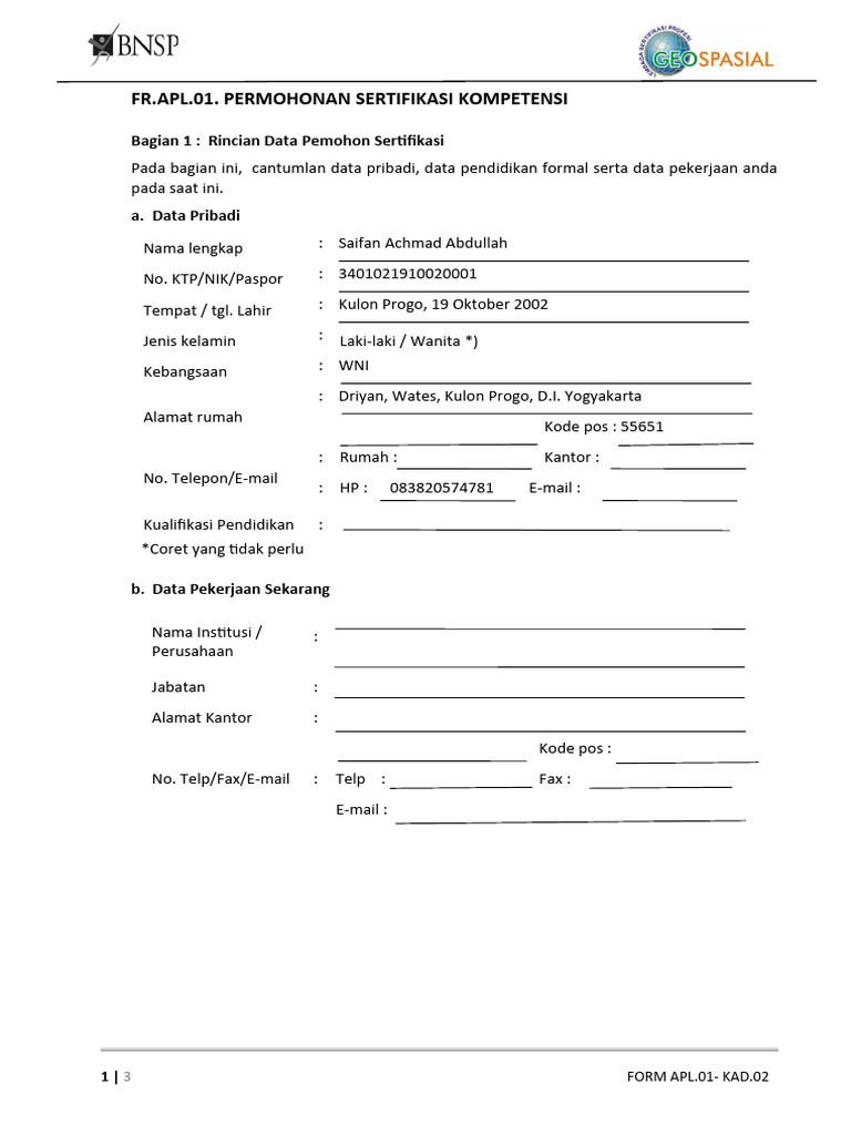 FR - Apl-01.permohonan Sertifikasi LSPG - Kad.02 | PDF