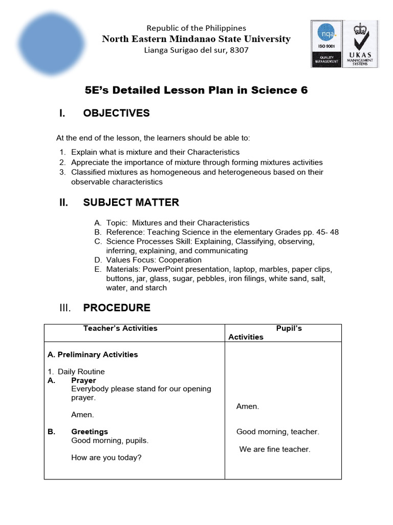 5E Lesson Plan: Mixtures in Science 6 | PDF | Mixture | Chemistry