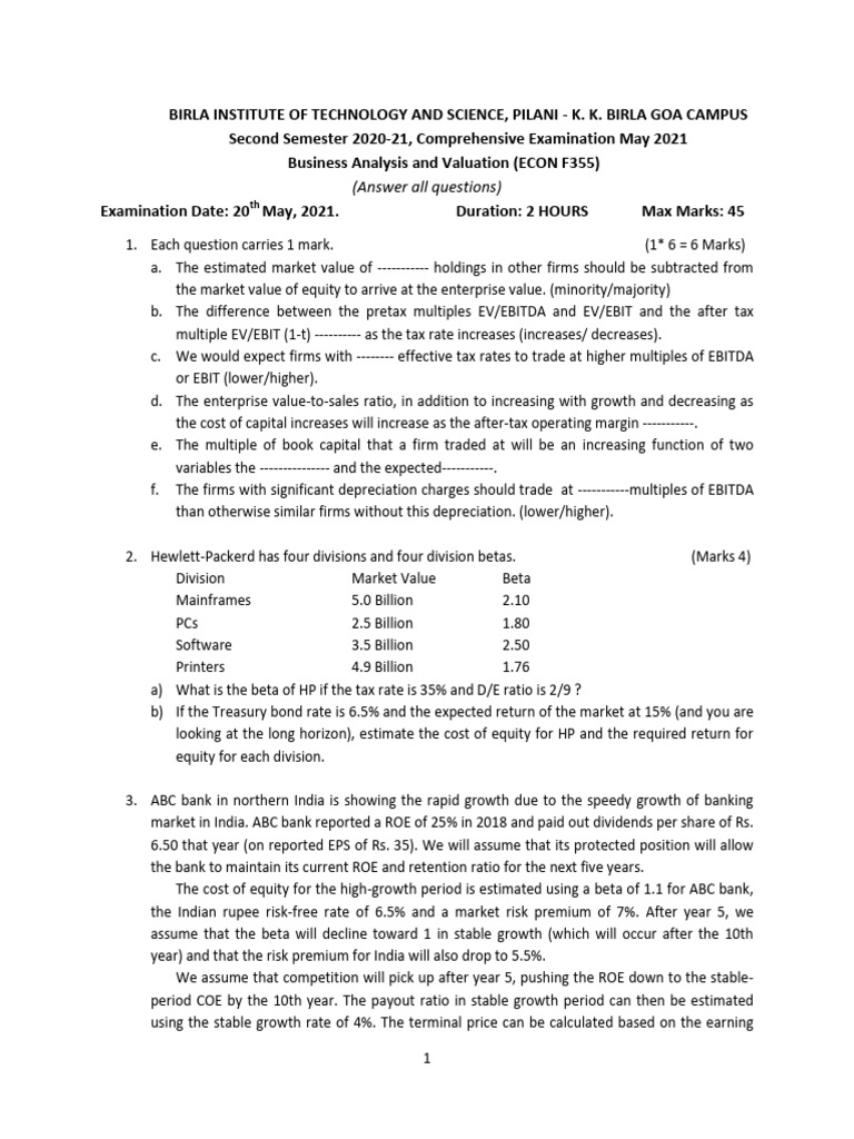 Compre BAV QP 2020-21 1 | PDF | Cost Of Capital | Financial Markets