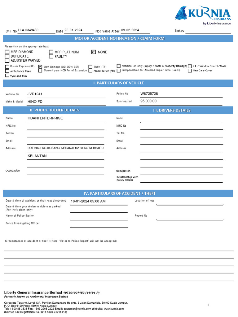 Motor Accident and Theft Claim Form | PDF | Traffic Collision | Insurance